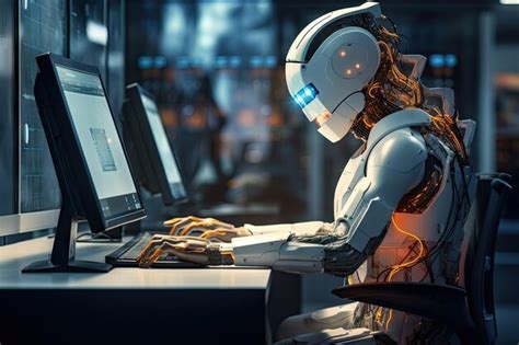 Premium Ai Image Robot Sitting At Desk With Laptop Computer In Front