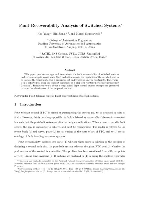 Pdf Fault Recoverability Analysis Of Switched Systems