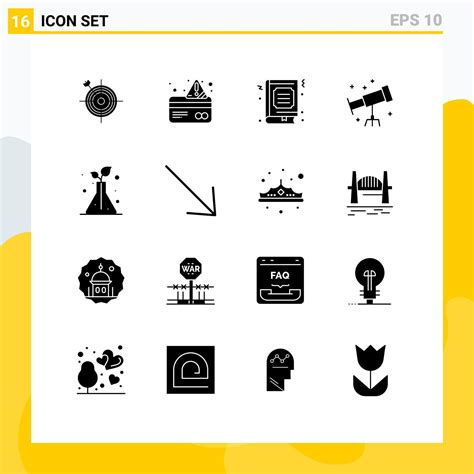 Set Of 16 Vector Solid Glyphs On Grid For Science Space Payment