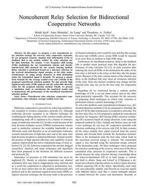 Pdf Noncoherent Relay Selection For Bidirectional Cooperative Networks