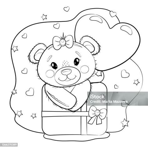 하트 모양의 풍선과 선물로 착색 귀여운 테디 베어 소녀 하트가 있는 하얀 배경에 테디 베어 발렌타인 데이 또는 생일에 대한 벡터