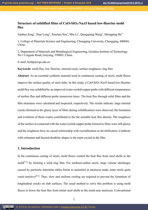 Pdf Structure Of Solidified Films Of Cao Sio2 Na2o Based Low Fluorine Mold Flux