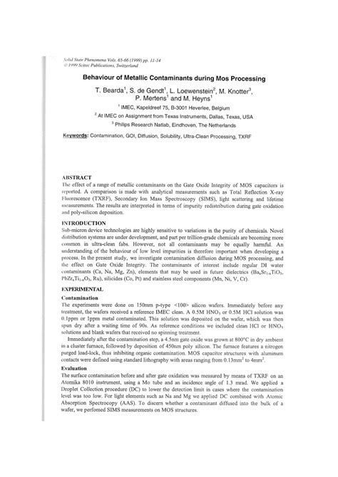 Pdf Behaviour Of Metallic Contaminants During Mos Processing