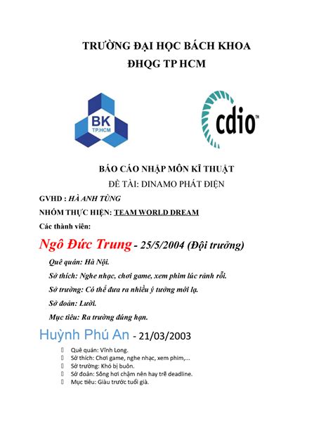 TRƯỜNG ĐẠI HỌC BÁCH KHOA TRƯỜNG ĐẠI HỌC BÁCH KHOA ĐHQG TP HCM BÁO CÁO NHẬP MÔN KĨ THUẬT ĐỀ TÀI