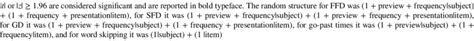 linear mixed models of the eye movement measures on the target words