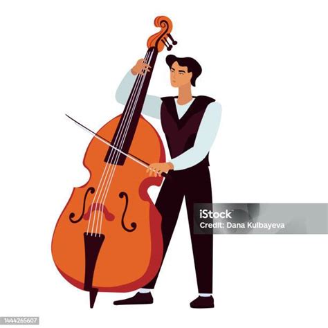 한 청년이 더블베이스를 연주합니다 더블베이스 연주자 흰색 배경에 음악가 더블 베이스에 대한 스톡 벡터 아트 및 기타 이미지