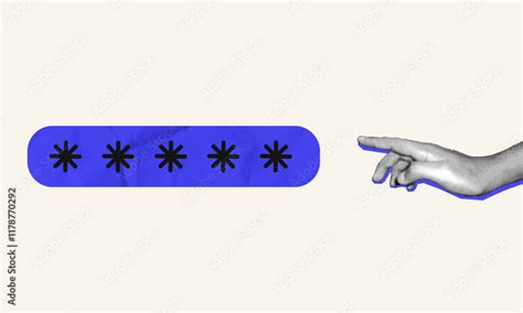 Halftone Collage Secure Access Blue Paper Password Field With Asterisks And A Pointing Hand