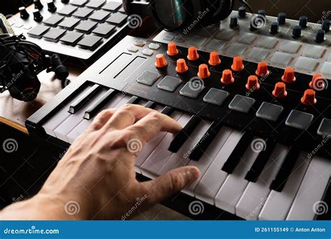 Musician`s Hand On A Modern Synthesizer Midi Keyboard Recording