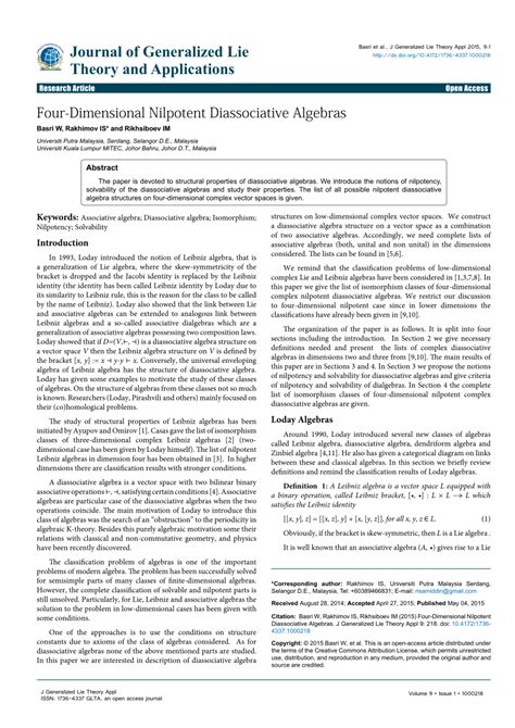 Pdf Four Dimensional Nilpotent Diassociative Algebras