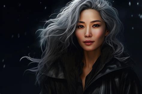 Premium Ai Image Year Asian Woman With Long Gray Hair On Black Background Beauty Concept