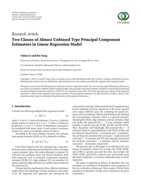 Pdf Two Classes Of Almost Unbiased Type Principal Component Estimators In Linear Regression Model