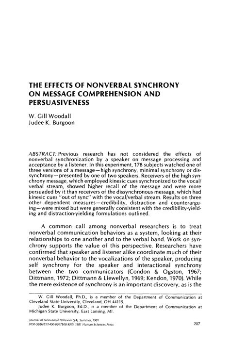 Pdf The Effects Of Nonverbal Synchrony On Message Comprehension And Persuasiveness