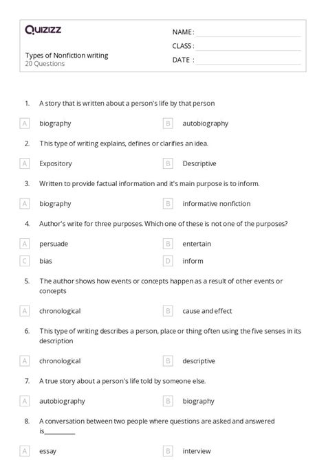Nonfiction Writing Worksheets For Th Class On Quizizz Free Printable