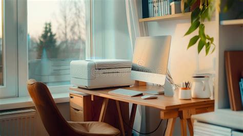 Generative Ai Desktop Computer With Printer On Desk And Empty Chair With Wooden Shelf Placed By