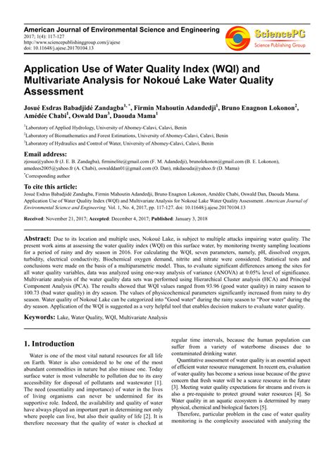 Pdf Application Use Of Water Quality Index Wqi And Multivariate Analysis For Nokoué Lake