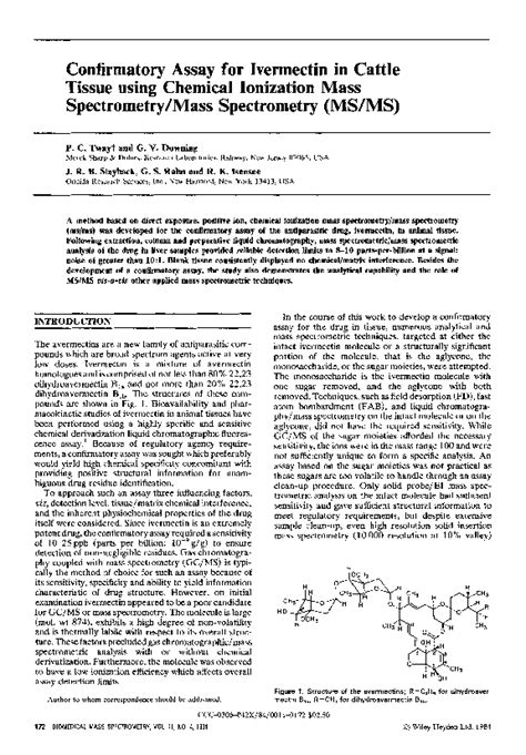 Pdf Conffirmatory Assay For Ivermectin In Cattle Tissue Using Chemical Ionization Mass