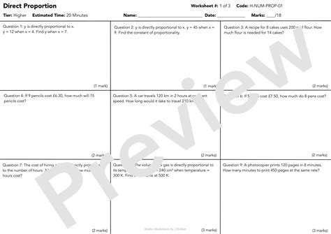 Gcse Maths Worksheet Direct Proportion Higher Tier Teaching Resources