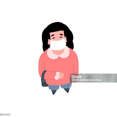 보호 얼굴 마스크를 착용하고 위를 올려다 보는 여성 캐릭터에 대한 상단 보기 갈색 머리에 대한 스톡 벡터 아트 및 기타 이미지