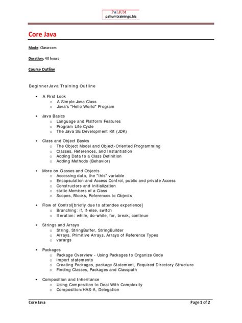Core Java Course Outline Class Computer Programming Object