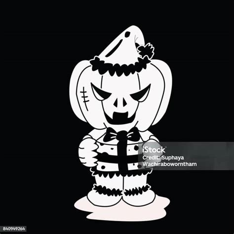 벡터 이미지 선물 상자가 산타 크로스 드레스 귀신 호박의 할로윈 개념에서 흑백 색상입니다 검은색에 대한 스톡 벡터 아트 및 기타 이미지 검은색 계절 공포 무서움