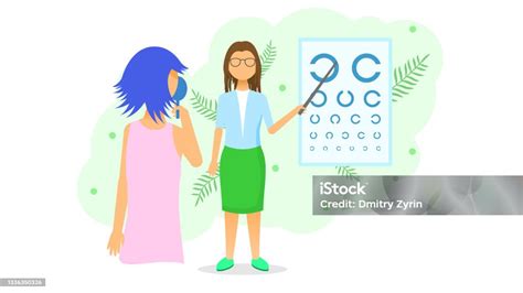 추상 플랫 우먼 의사의 약속 메딕 만화 사람들 캐릭터 개념 일러스트 벡터 디자인 스타일 의료 진단 클리닉 시력 검사 안과 건강