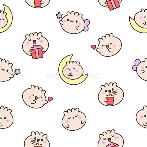 Cute Kawaii Smiling Dim Sum Seamless Pattern Stock Vector