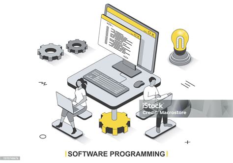 3d 등분 측정 개요 디자인의 소프트웨어 프로그래밍 개념 개발 팀 프로그램 테스트 및 컴퓨터 프로그램을 최적화하고 사무실에서 작동하며 웹 템플릿을 정렬합니다 사람 장면과