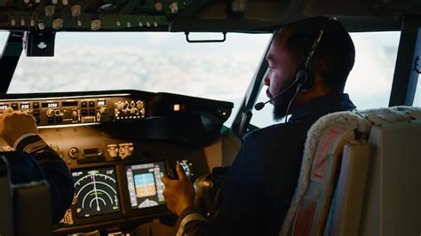 Free Photo Male Airline Captain Fixing Altitude And Longitude Buttons Using Dashboard
