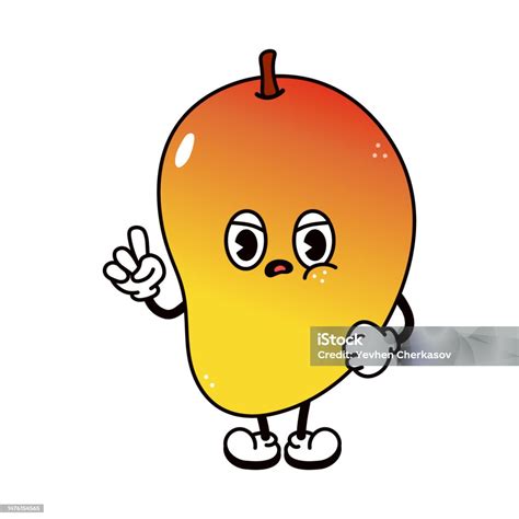 귀여운 재미 울고 화난 망고 캐릭터 벡터 손으로 그린 전통적인 만화 빈티지 복고풍 Kawaii 캐릭터 그림 아이콘 격리된 흰색