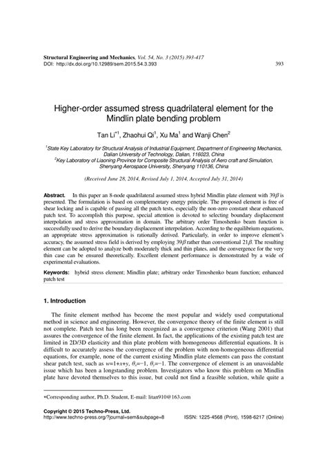 Pdf Higher Order Assumed Stress Quadrilateral Element For The Mindlin Plate Bending Problem