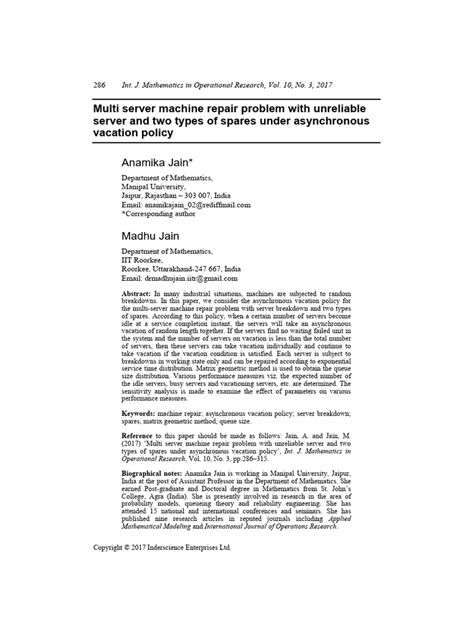 Multi Server Machine Repair Problem With Pdf Applied Mathematics