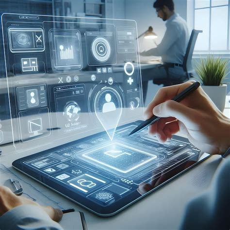 Ux Designer Prototyping On A Glossy Interface In A Flexible Workspace Concept As Camera Movement