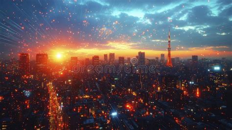 Dynamic Urban Sunset With Energy Flow Visualization Stock Illustration Illustration Of Emotion