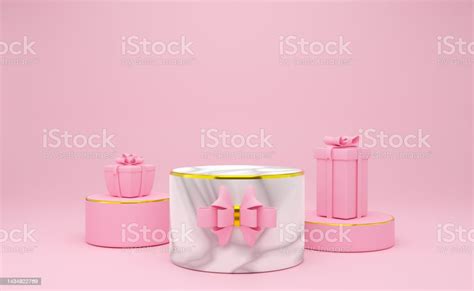 현대 무대 디스플레이 및 미니멀리스트 모형 추상 쇼케이스 배경 개념 3d 그림 또는 3d 렌더링을 위한 분홍색 파스텔 구성의 기하학적 모양이 있는 연단 비어 있습니다 3차원