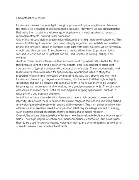 Characteristics Of Lasers Characteristics Of Lasers Lasers Are Devices That Emit Light Through