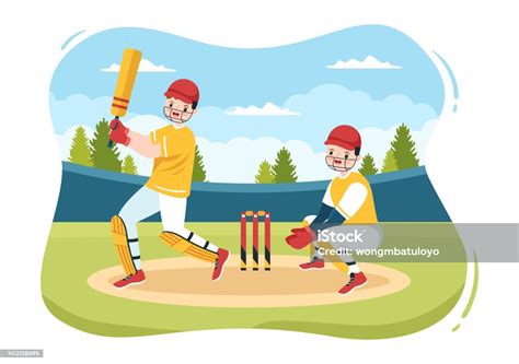 플랫 만화 필드 배경 일러스트레이션에서 공과 스틱으로 크리켓 스포츠를 연주하는 배트맨 Championship에 대한 스톡 벡터