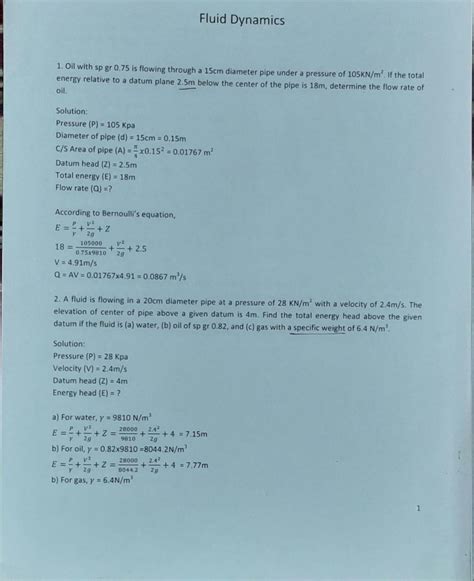 SOLUTION Fluid Dynamics Questions With Solutions Engineering Studypool