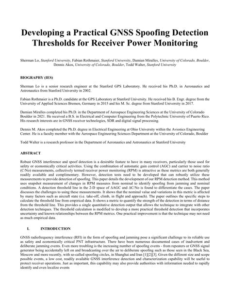 Pdf Developing A Practical Gnss Spoofing Detection Thresholds For