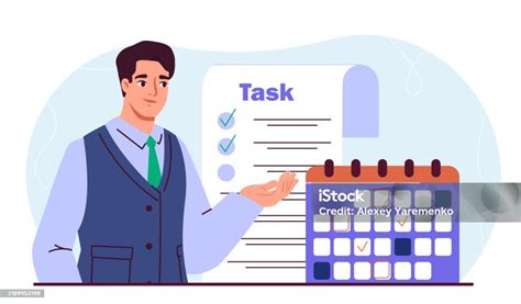 시간 관리가 달력 및 작업 목록 근처의 사업가 시간 관리 및 효율적인 작업 프로세스 구성 목표와 마감일을 계획하고 설정합니다 평면 벡터 일러스트 레이 션 경영자에 대한 스톡