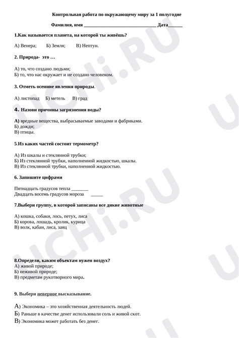 🖍 Проверочная работа №13 по теме “Контрольная работа по окружающему миру за 1 полугодие” для 2