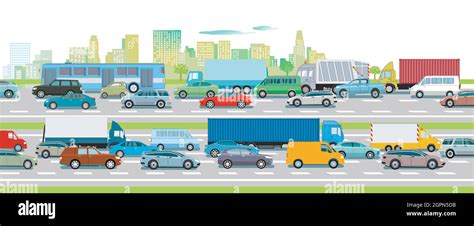 Road Traffic On The Highway In Front Of A Big City Illustration Stock Vector Image And Art Alamy
