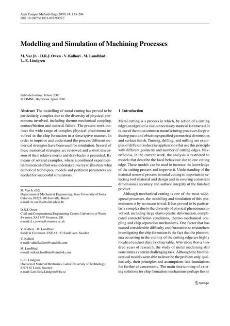 Pdf Modelling And Simulation Of Machining Processes Dokumentips