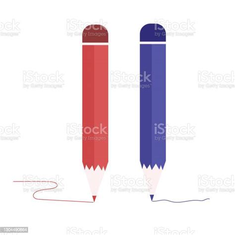 빨간색과 파란색 연필 흰색 배경의 선입니다 그리기 프로세스 개념입니다 벡터 일러스트레이션 단일 객체에 대한 스톡 벡터 아트 및