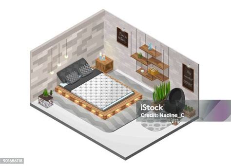 스 칸디 나 비아 인테리어 침실 아이소메트릭 Infographic 3d 아늑한 레이아웃 팔레트 Diy 목재 가구 선반 테라 리 움 램프 선인장 조명 방 안에 침대 보기