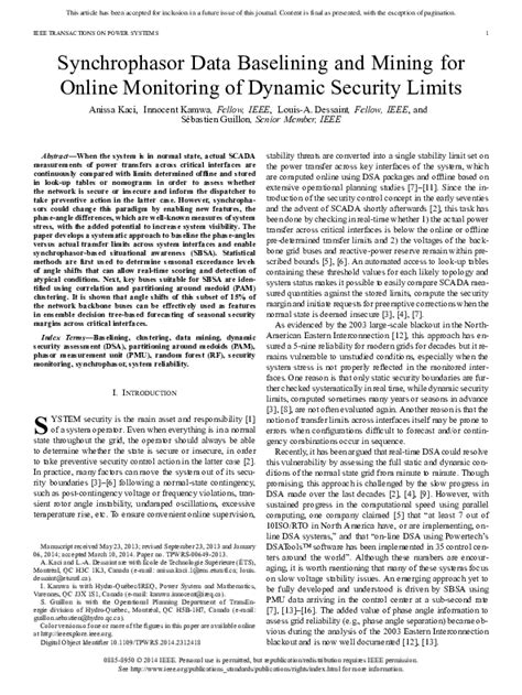 Pdf Synchrophasor Data Baselining And Mining For Online Monitoring Of