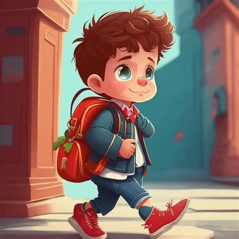 Милый мальчик идет в школу Премиум векторы