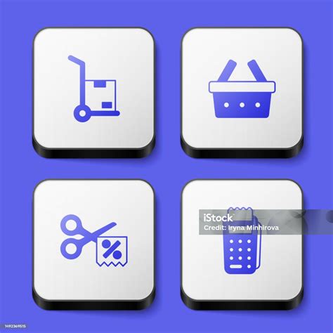 핸드 트럭과 상자 장바구니 가위 컷 할인 쿠폰 및 Pos 단말기 아이콘을 설정합니다 흰색 사각형 버튼입니다 벡터 가격에 대한 스톡 벡터 아트 및 기타 이미지 Istock