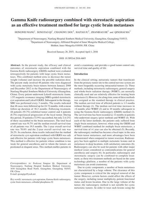 Gamma Knife Radiosurgery Combined With Stereotactic Aspiration As An Effective Treatment Method