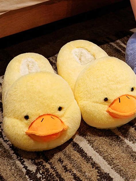 Duck Design Fuzzy Novelty Slippers Yellow Preppy Style Cartoon Womens