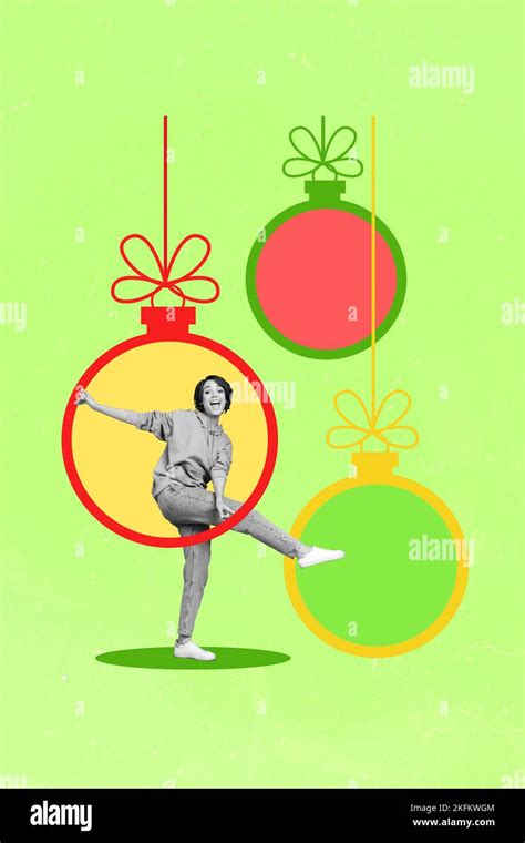 Collage 3d Image Of Pinup Pop Retro Sketch Of Smiling Funny Lady Having Xmas Discotheque